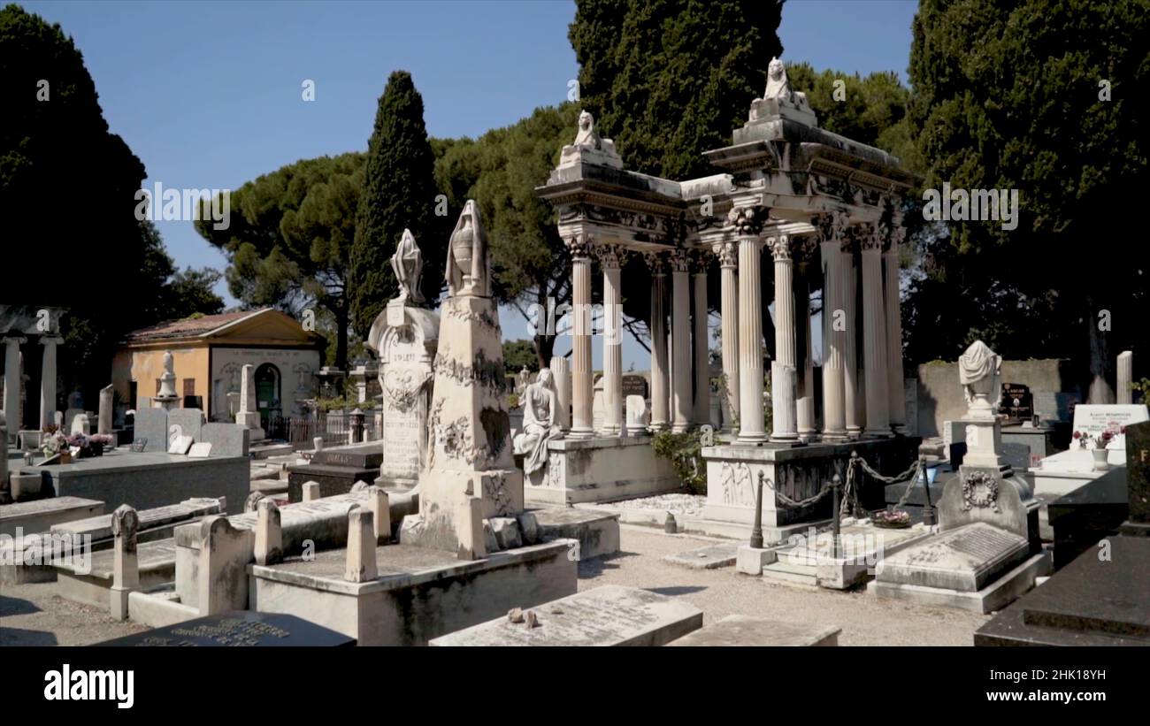 European cemetery with tombs and sculptures. Action. Beautiful ...