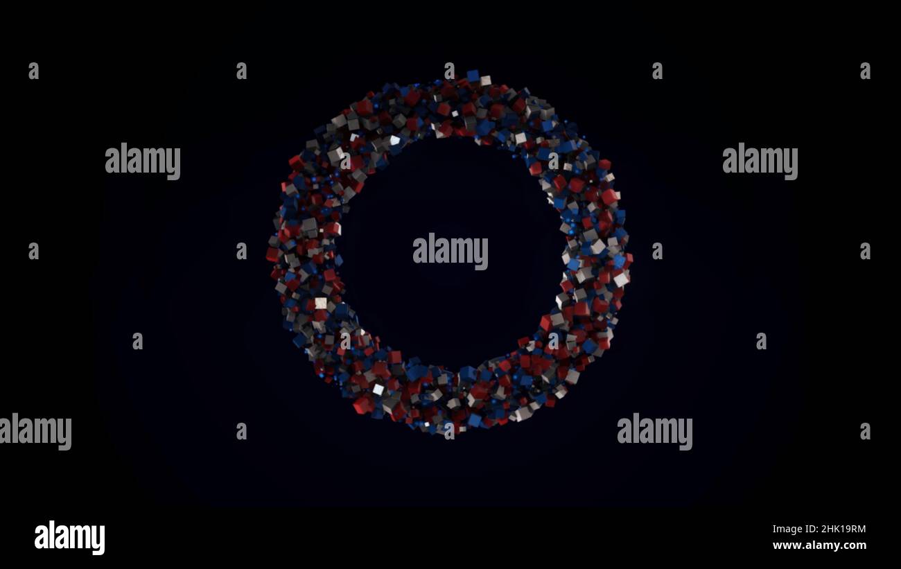 Abstract tiny small particles flying and creating one 3D ring isolated ...