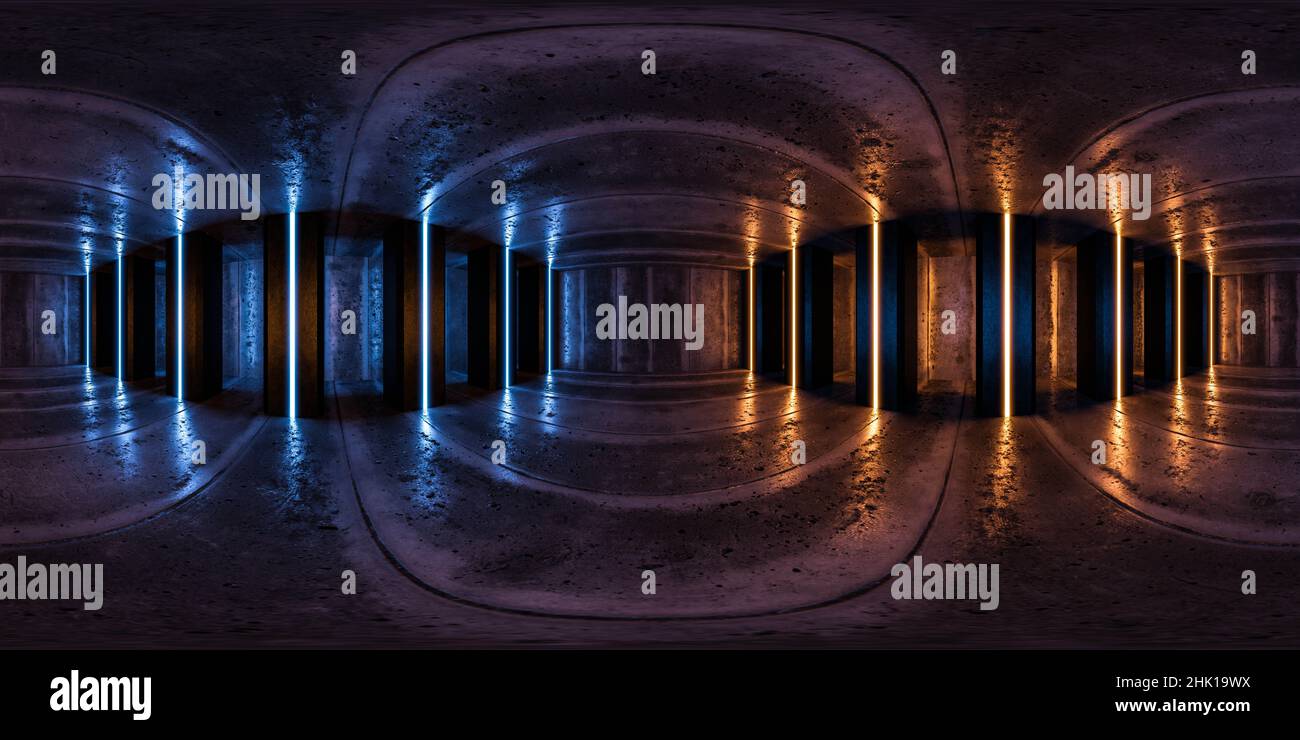 360 degree full panorama environment map of dark industrial concrete ...