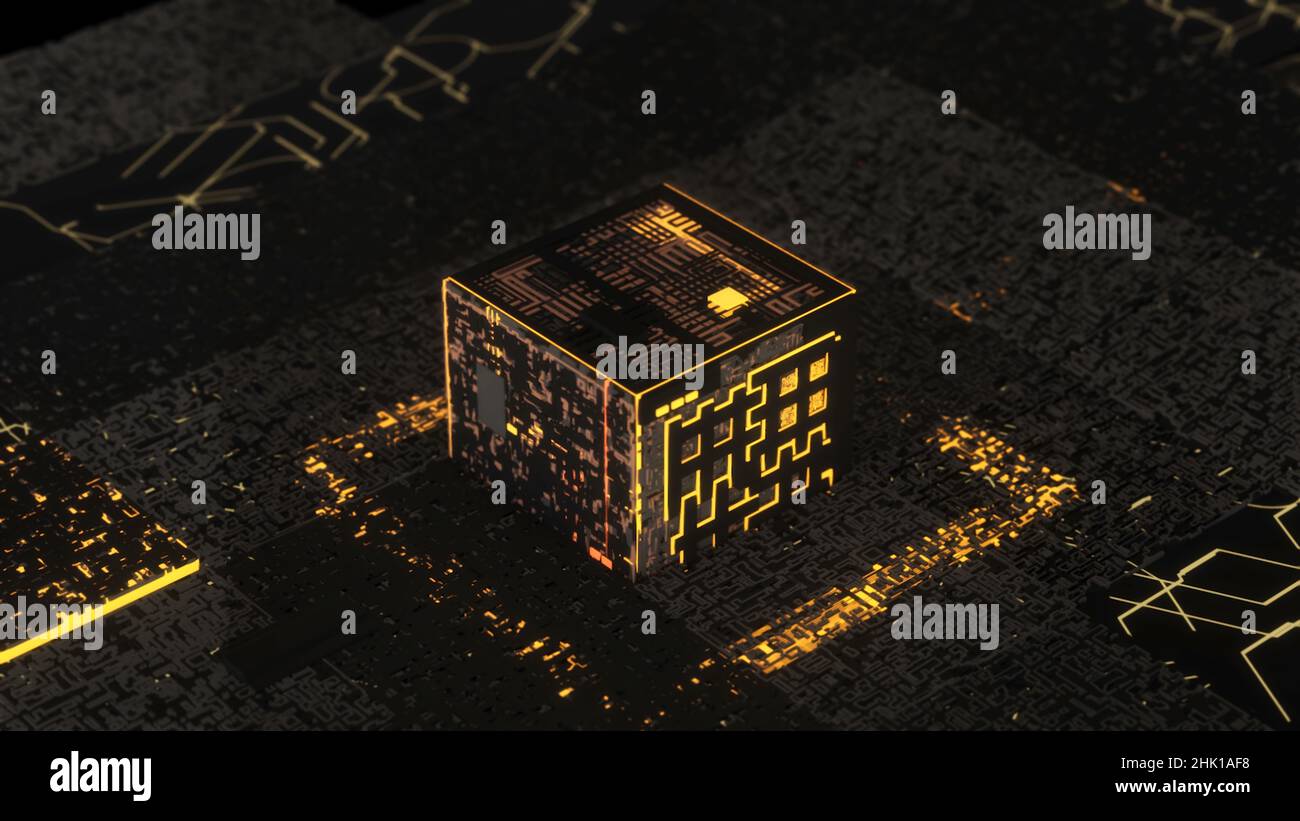 Neon futuristic cube. Animation. High-Tech background with neon cube rising from hole on surface ...