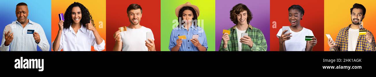 Diverse people using smartphones showing debit credit cards Stock Photo ...