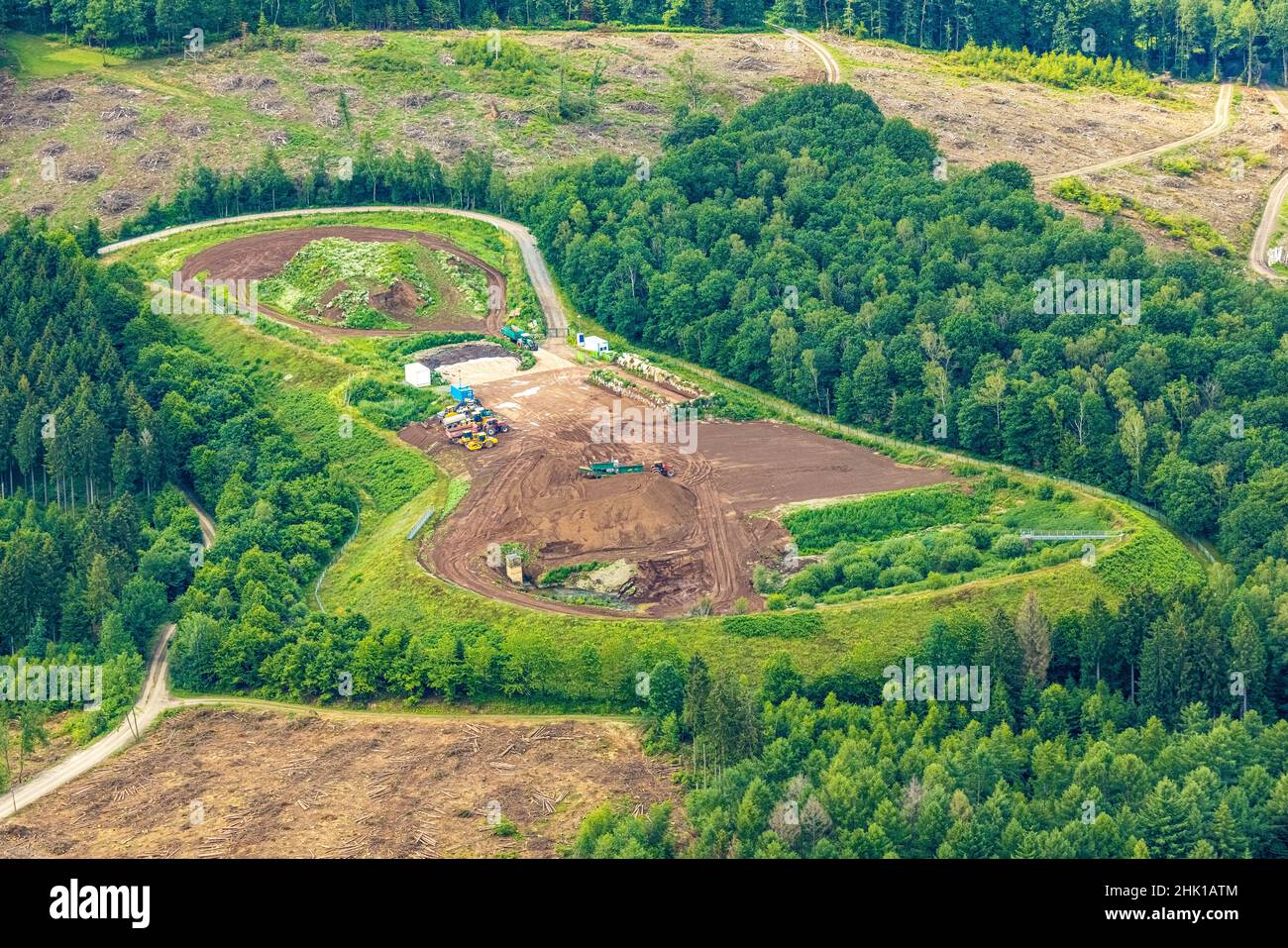 Aerial photograph, forest area with forest damage and construction site ...