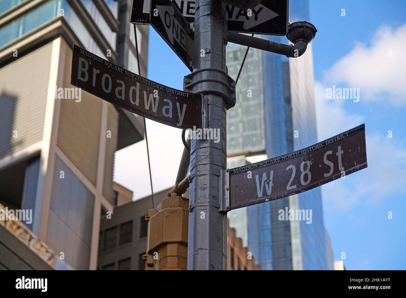 Brown West 28th Street and Broadway historic sign in Midtown Manhattan ...