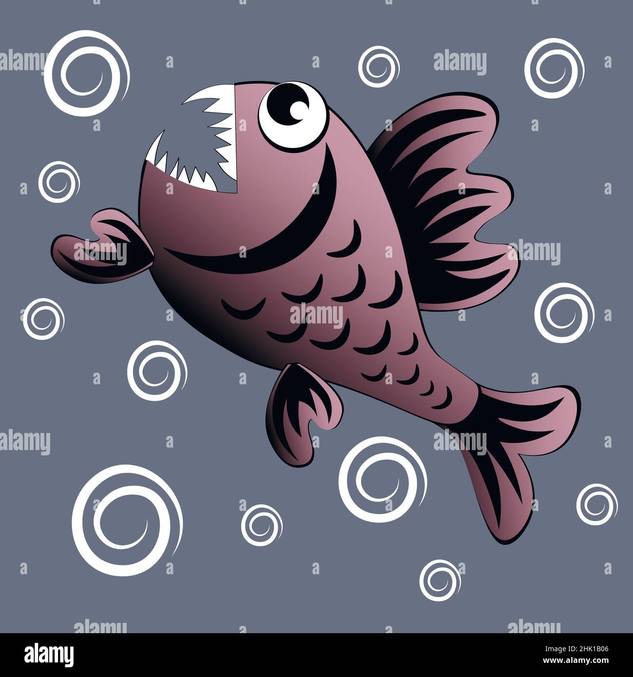 The illustration on a square background is a predatory evil piranha ...