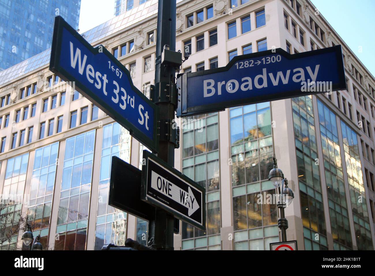 Blue West 33rd Street and Broadway historic sign in Midtown Manhattan ...
