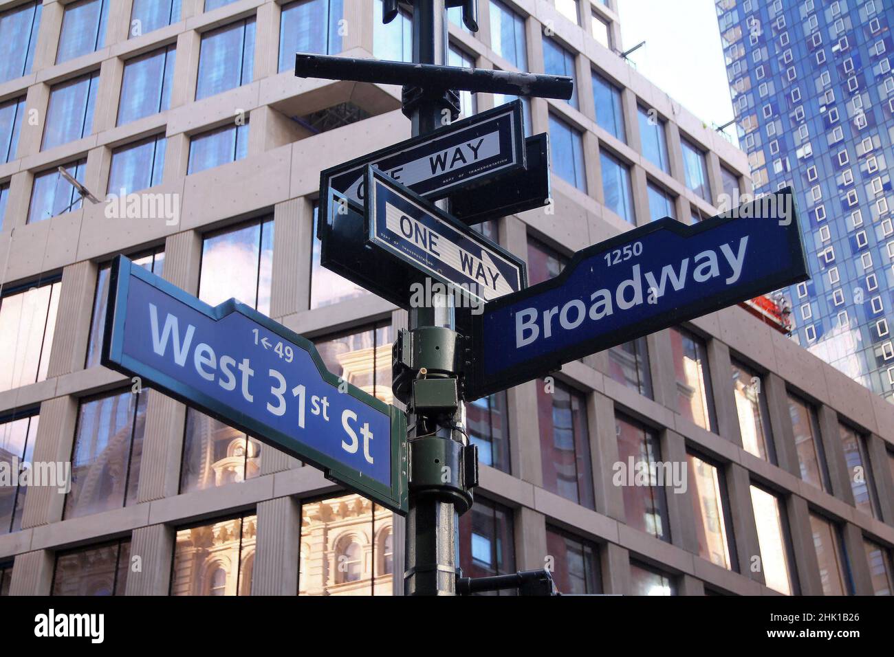 Blue West 31st Street and Broadway historic sign in Midtown Manhattan ...