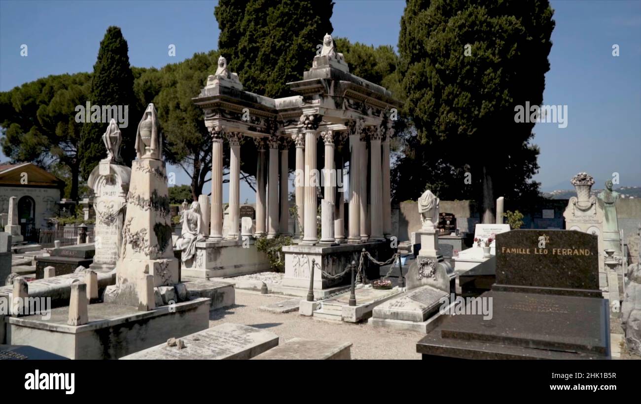 European cemetery with tombs and sculptures. Action. Beautiful ...
