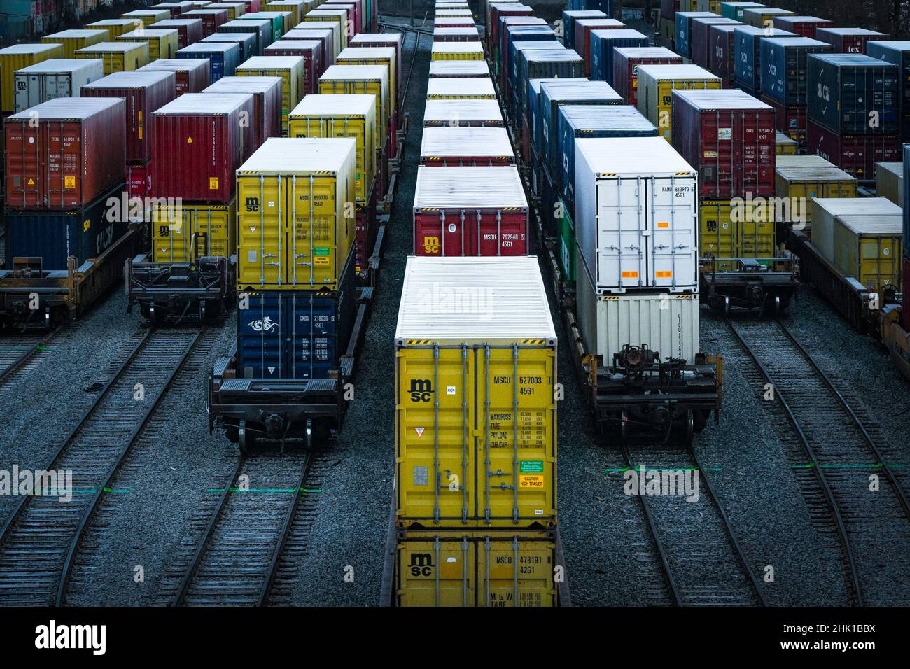Shipping containers in railway freight yard, Vancouver, British ...