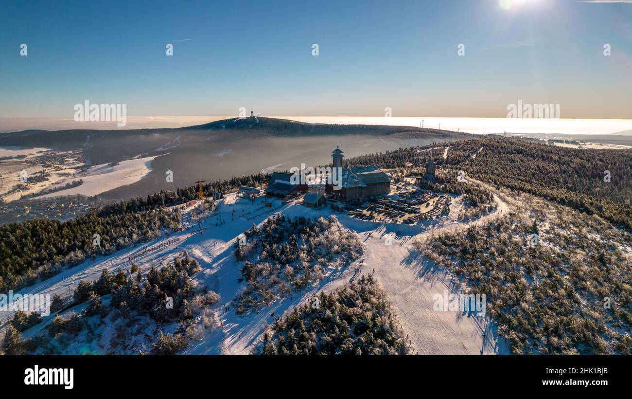 Aerial view of a beautiful winter landscape in Fichtelberg, Ore ...