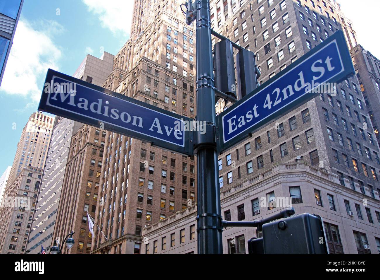 Blue East 42nd Street and Madison Avenue historic sign in midtown ...