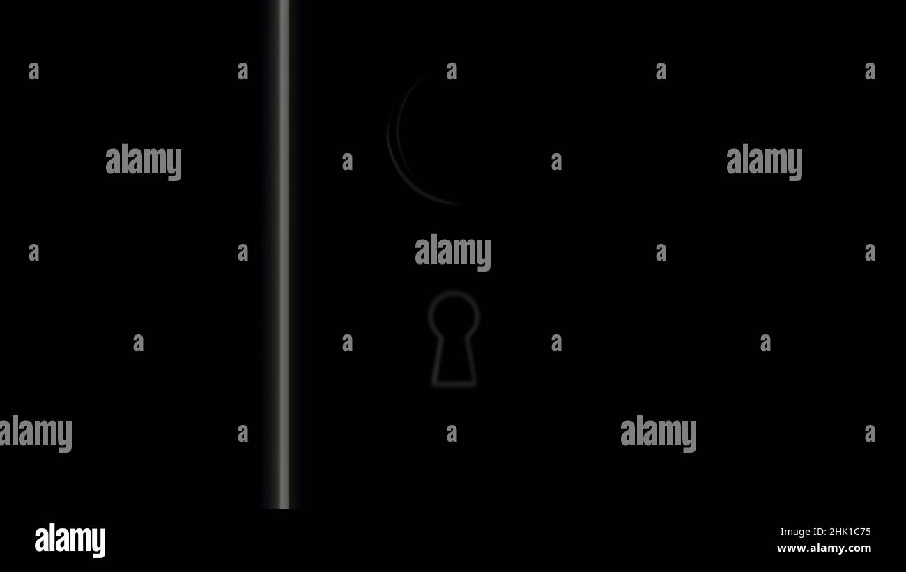 Abstract animation of key in keyhole opening the door and bright ...