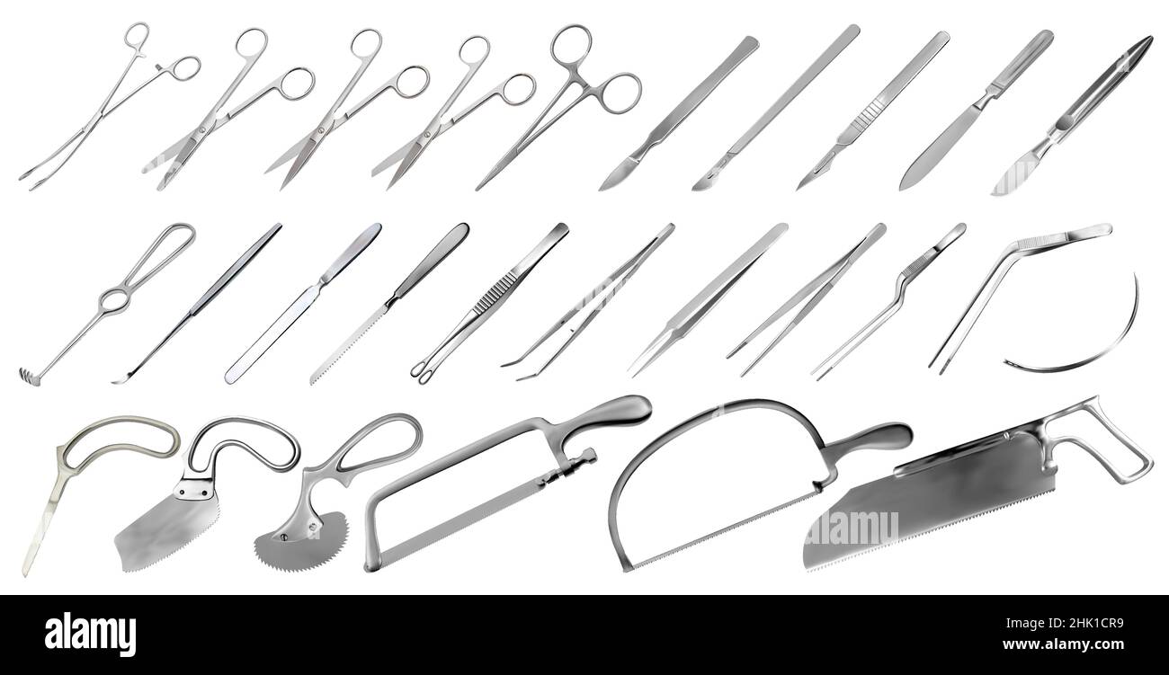 Surgical instruments set. Tweezers, scalpels, plaster and bone saws ...