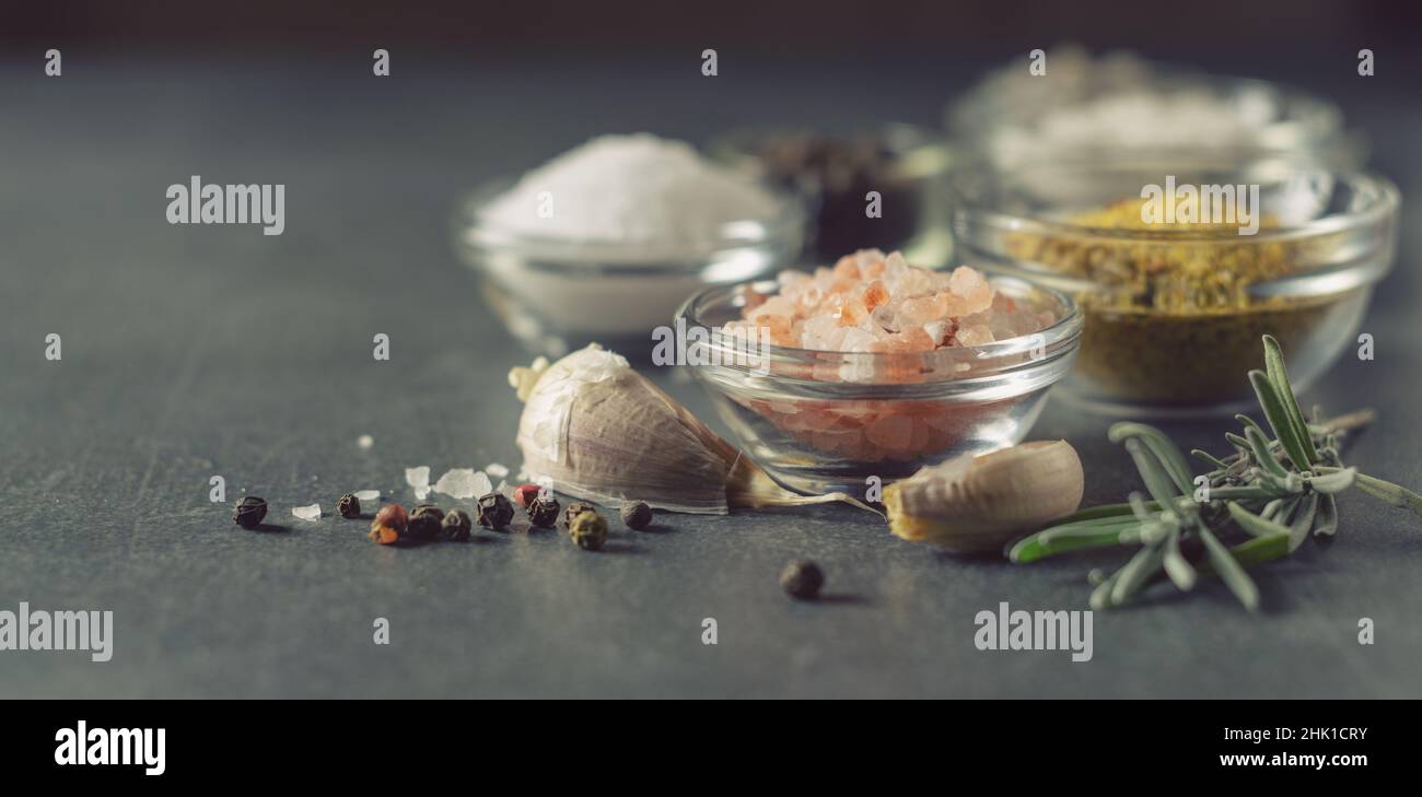 Culinary condiments and various salt in glass plates on a dark ...