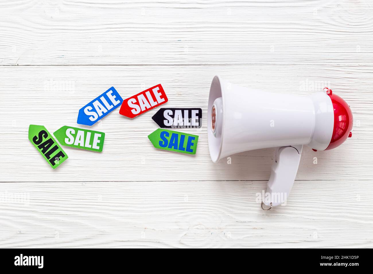 Sales announcement concept with sale labels and megaphone Stock Photo ...