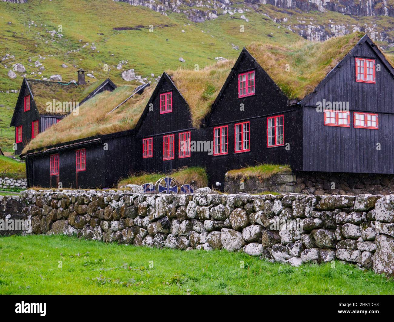 Kirkjubøur, Faroe Islands - October 2020: Typical wooden turf houses ...