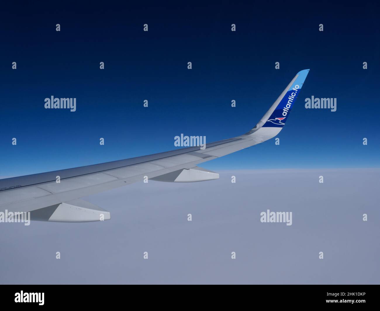 Denmark - Oct 2020: Wing of an Atlantic Airways jet on the background ...