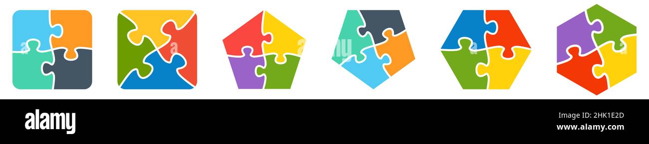 Polygons, square to six sides, divided into four jigsaw puzzle pieces ...
