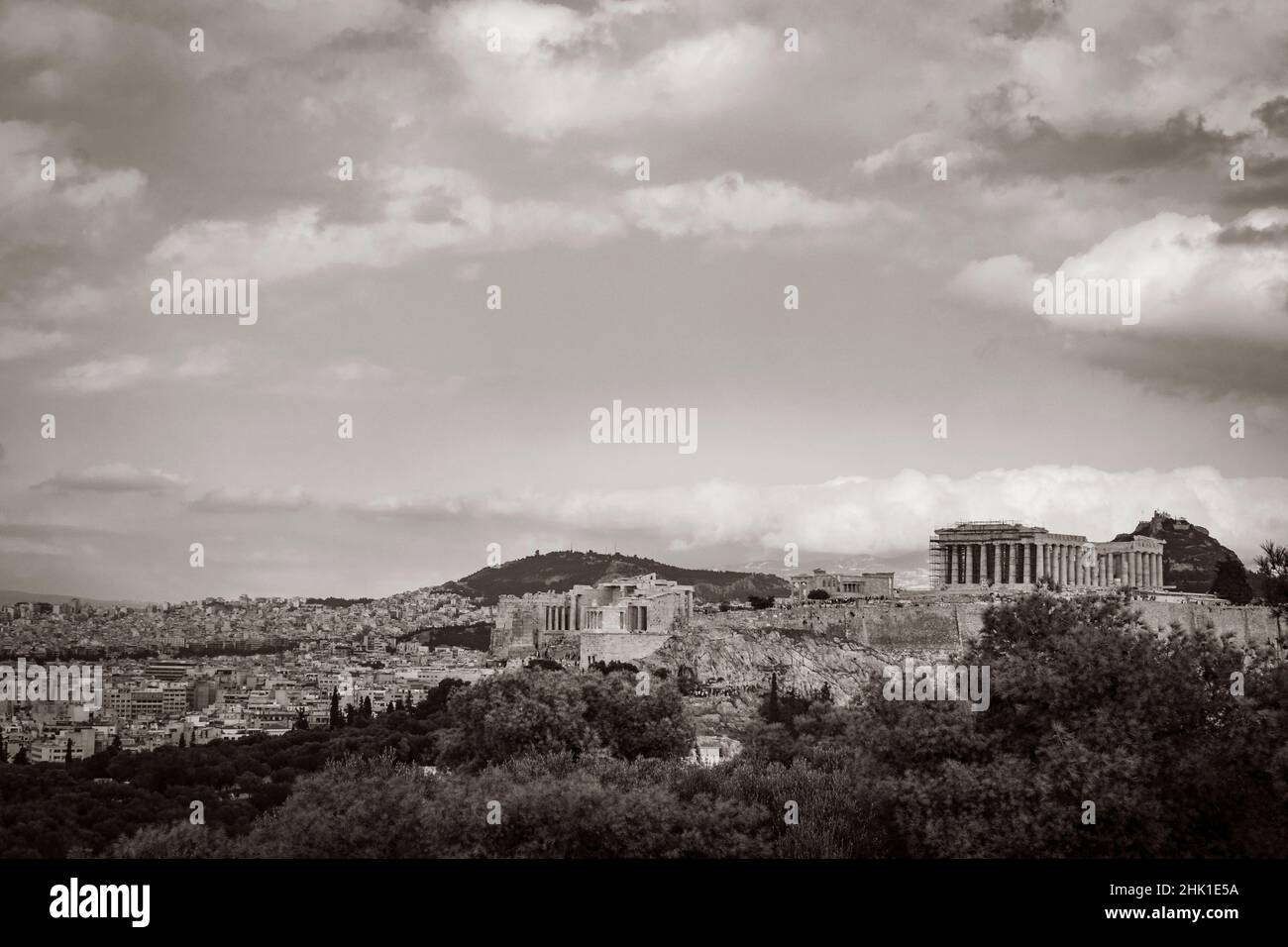 Black and white picture of Acropolis of Athens on hill with amazing and ...