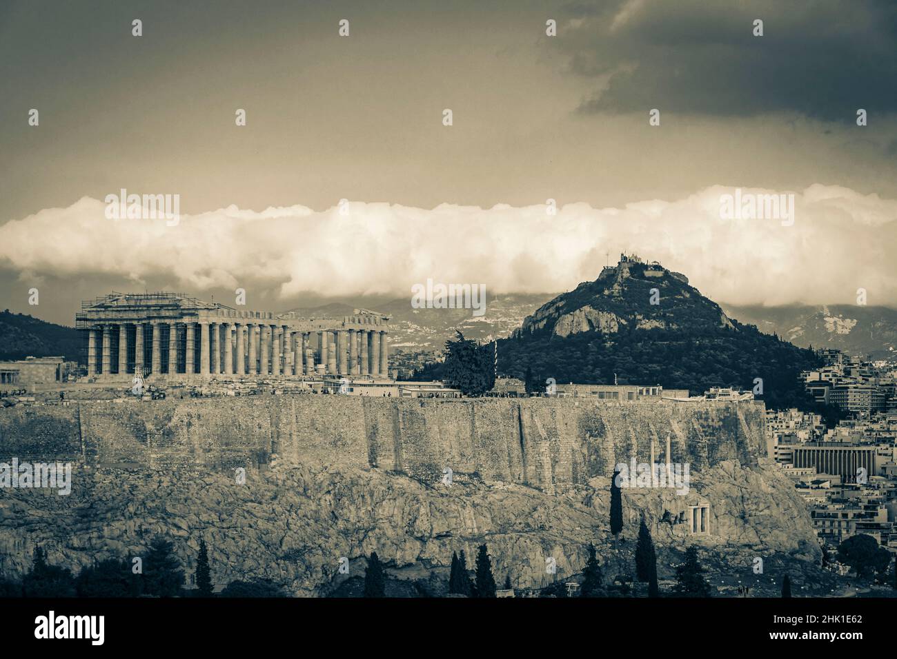 Black and white picture of Acropolis of Athens on hill with amazing and ...