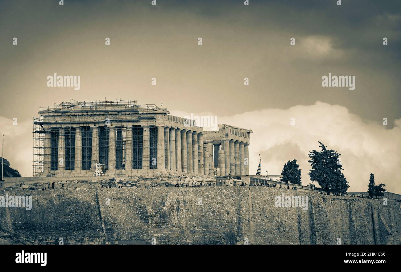 Black and white picture of Acropolis of Athens on hill with amazing and ...
