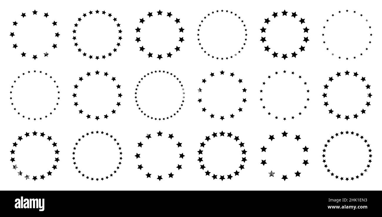 Stars of various sizes arranged in a circle. Round frame, border. Black ...