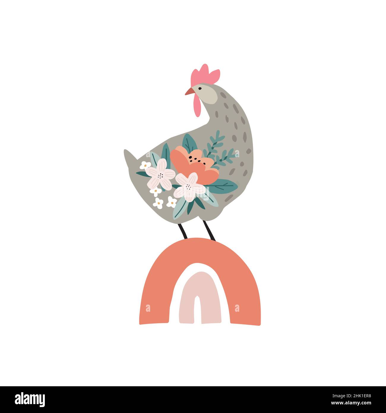 Easter greeting card, invitation with rainbow and hen isolated on white ...
