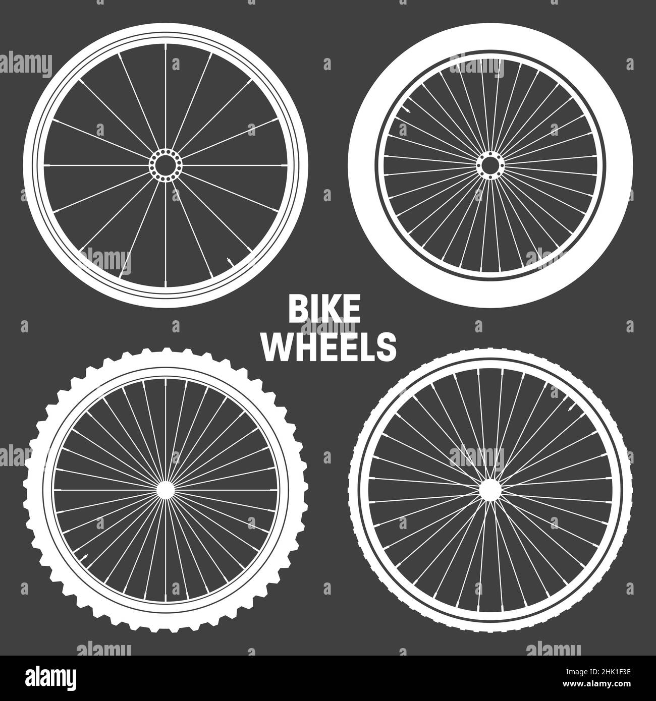 White bicycle wheel symbols collection. Bike rubber tyre silhouettes ...
