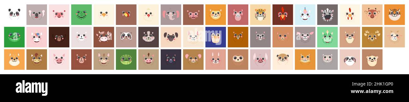 Set Animals Square avatar Cute portraits cartoon illustration flat ...