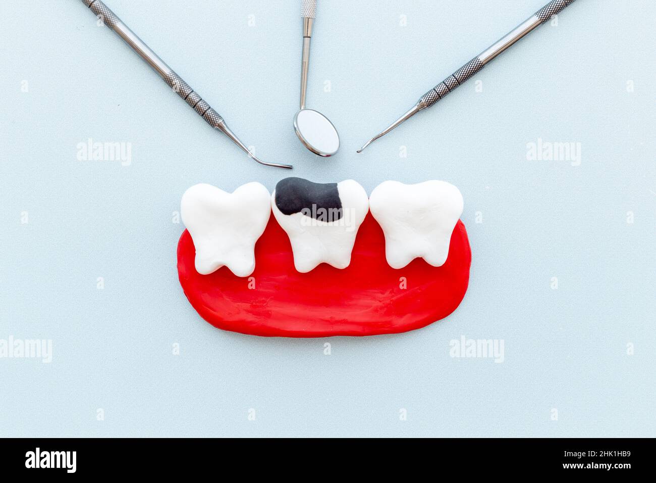 Oral health and care concept with teeth models with dentist tools Stock ...