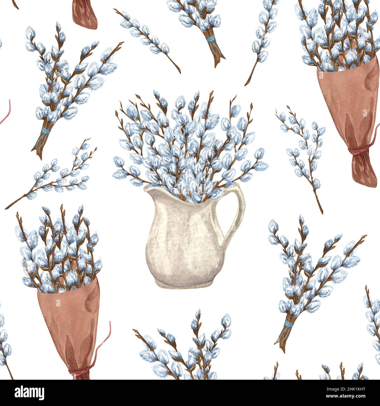 Easter willow seamless pattern. Watercolor spring background for design ...