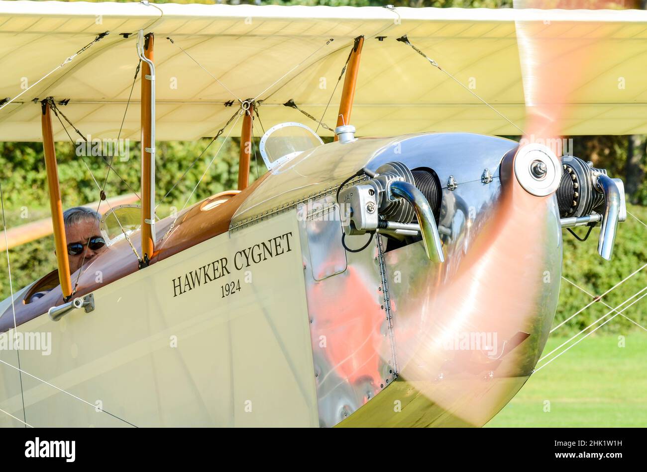 Hawker Cygnet replica vintage biplane running its engine. 1920s light ...