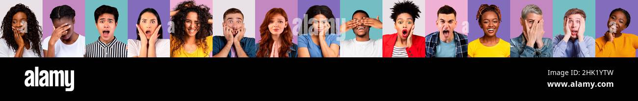 Collection of emotional photos. Multiracial people posing on colorful ...