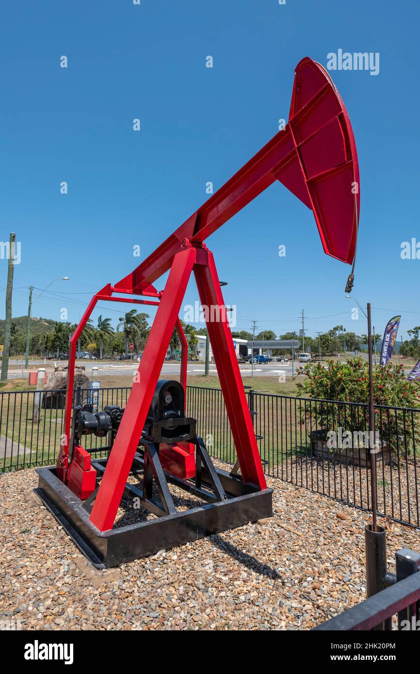 Carmila Service Station with old red crude oil pumping unit on display ...