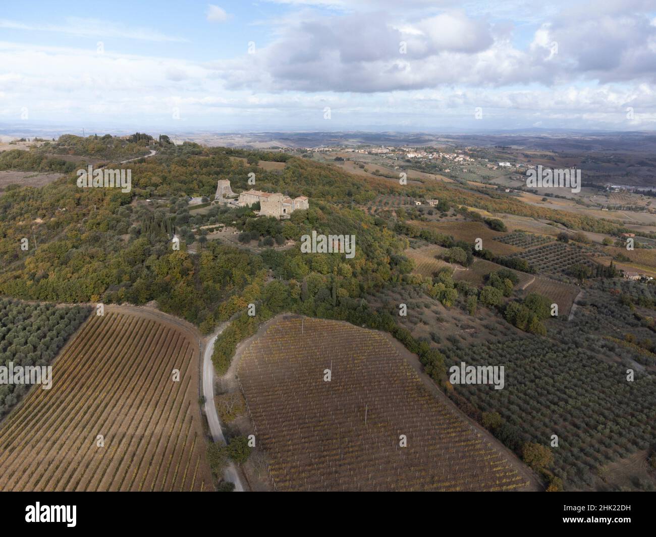 Aerial panoramic view on hills of Val d'Orcia near Bagno Vignoni ...