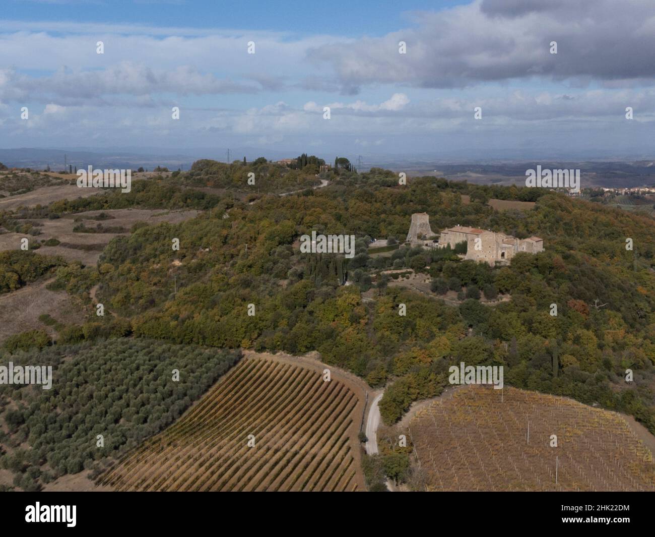 Aerial panoramic view on hills of Val d'Orcia near Bagno Vignoni ...