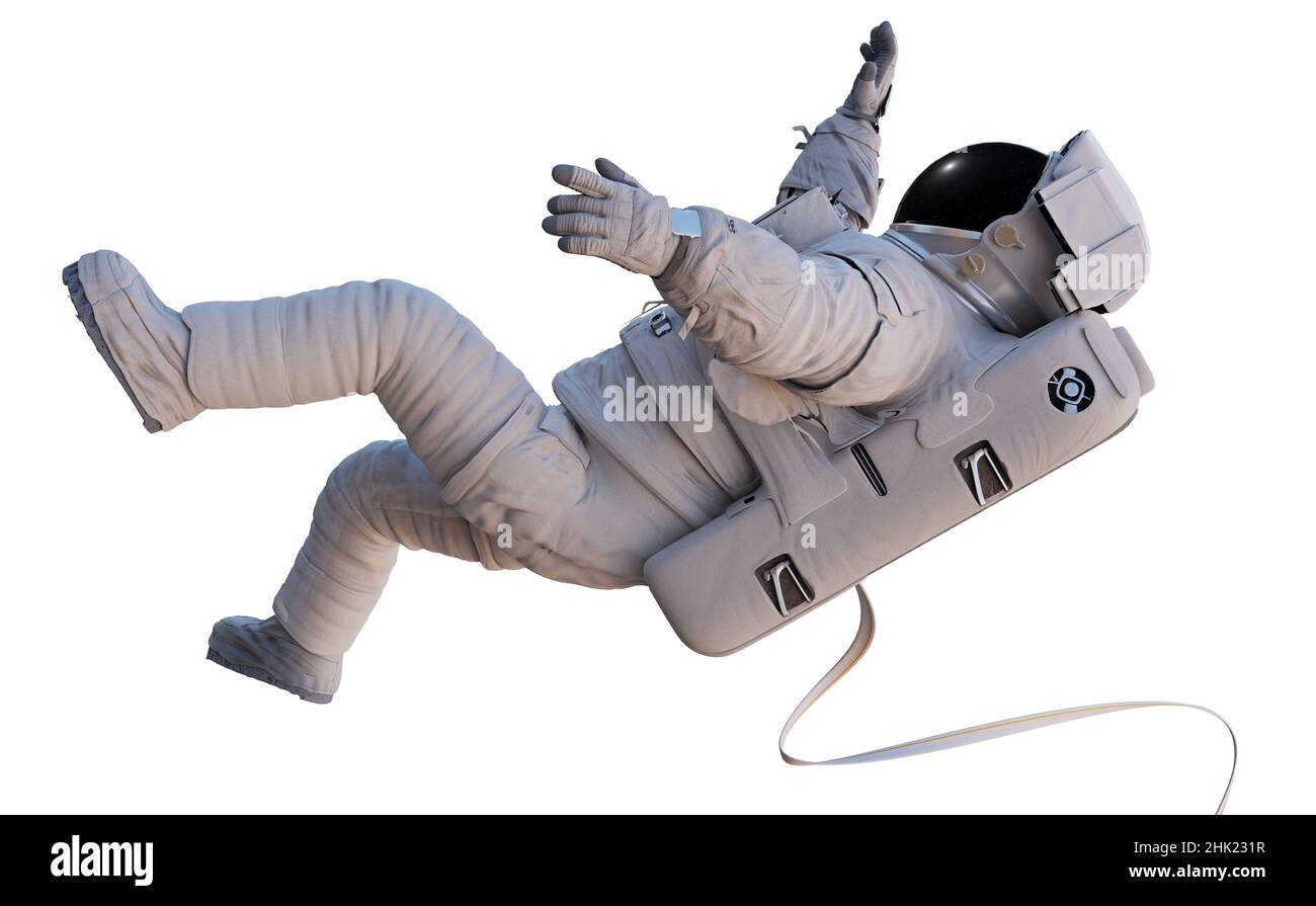 astronaut with safety tether flying in outer space, isolated on white ...