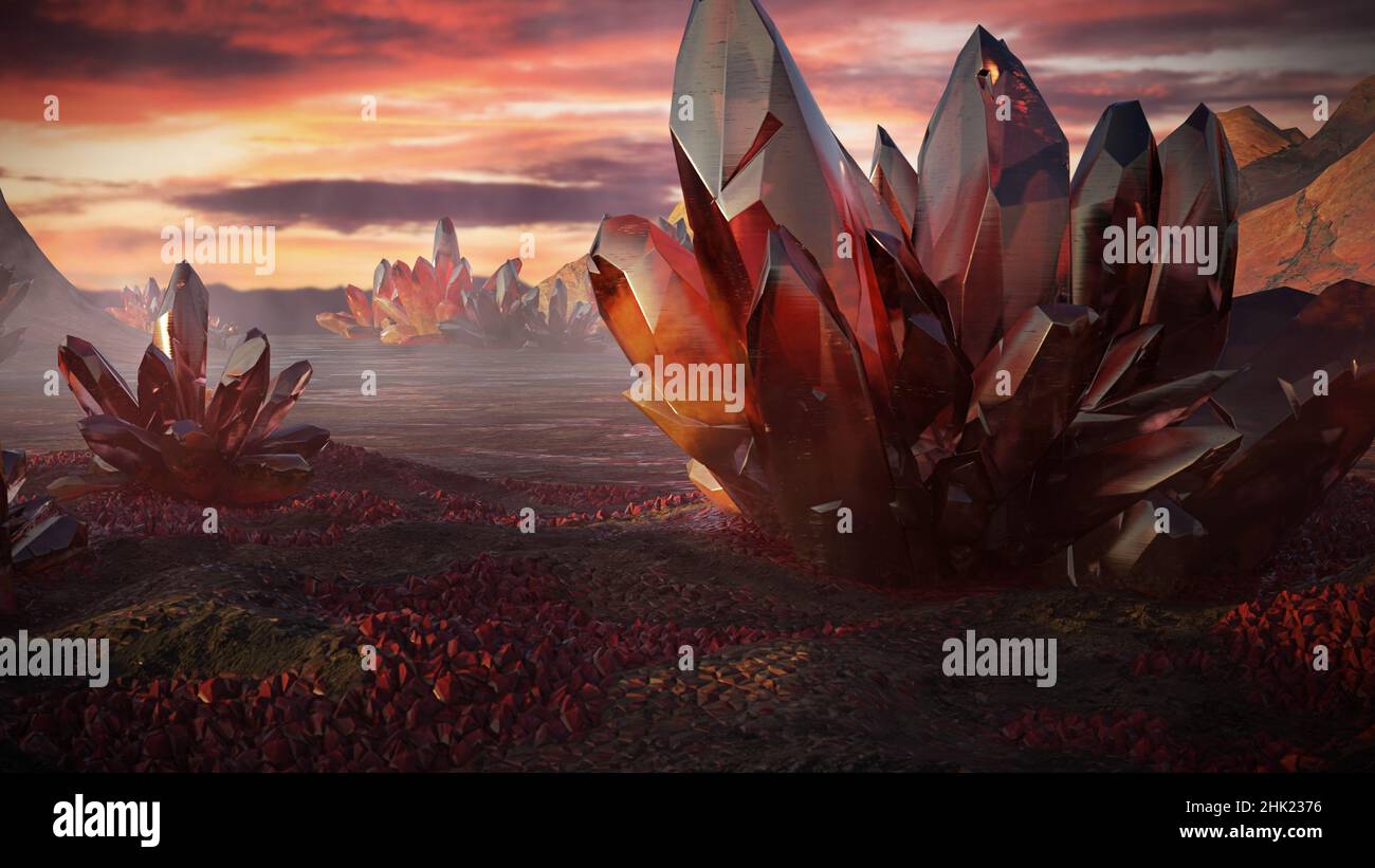 alien planet, beautiful exoplanet landscape with giant crystals Stock ...
