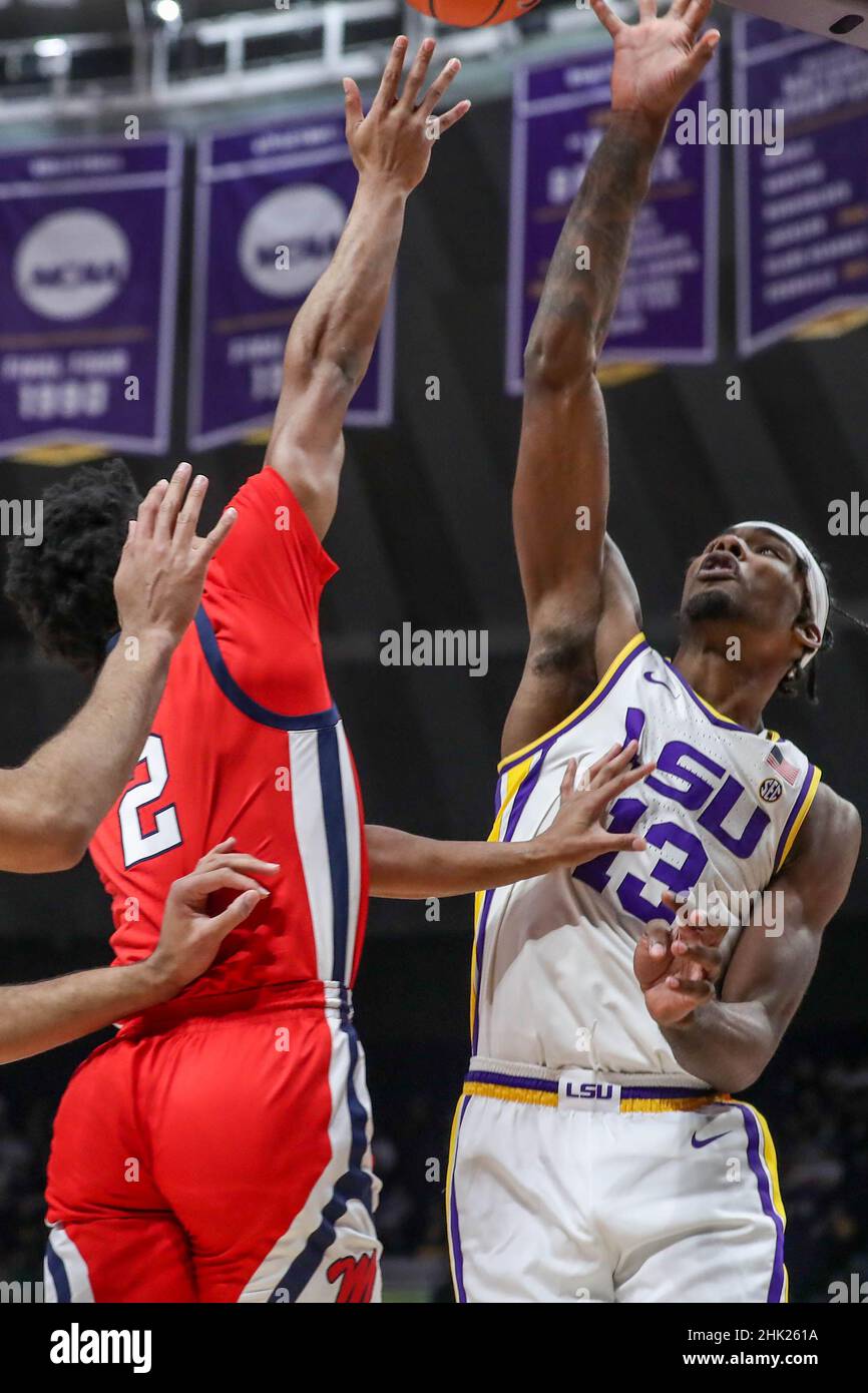 February 1, 2022: LSU's Tari Eason III (13) blocks the shot of Ole Miss ...