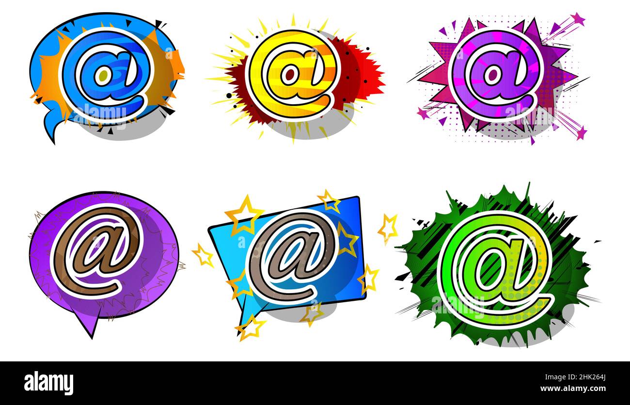 At sign, E-Mail, mail internet symbol. Comic book word text on abstract ...