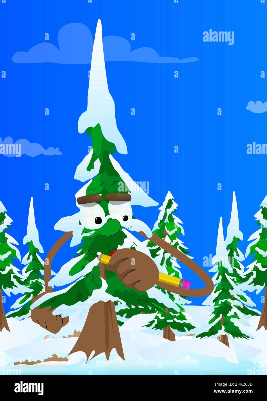 Cartoon winter pine trees with faces writing with pencil. Cute forest ...