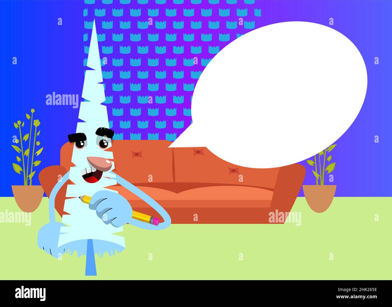 Cartoon winter pine trees with faces writing with pencil. Cute forest ...