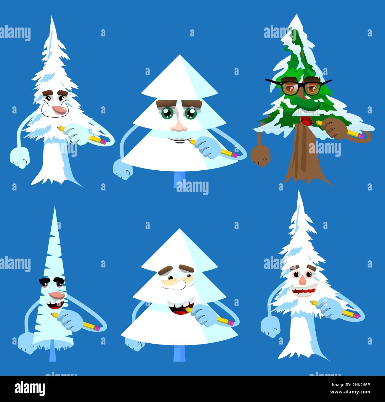 Cartoon winter pine trees with faces writing with pencil. Cute forest ...