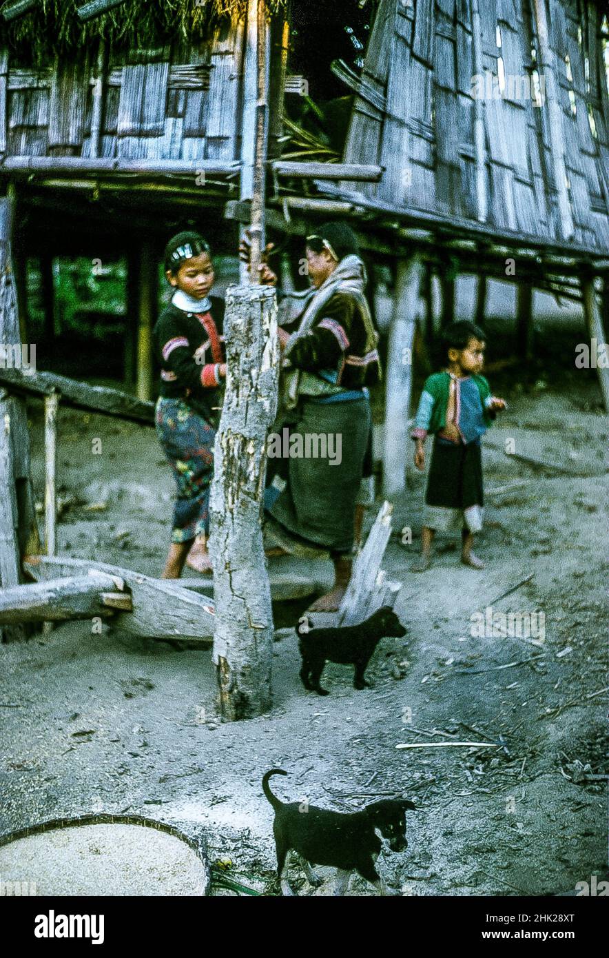 Muser villagers pounding grain, Thaton district, northern Thailand ...