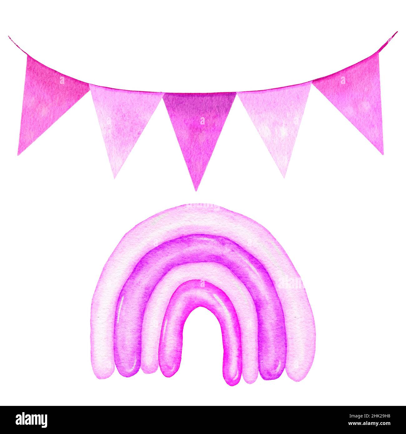 Watercolor hand drawn illustration of pink purple fuchsia birthday ...