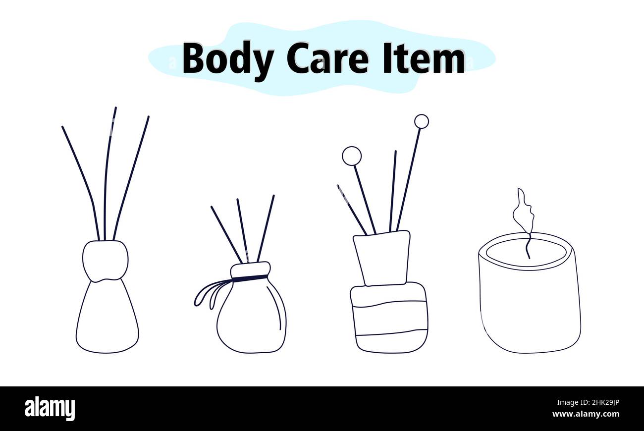 A set of aromatic items for the bathroom. Scented candle and sticks ...