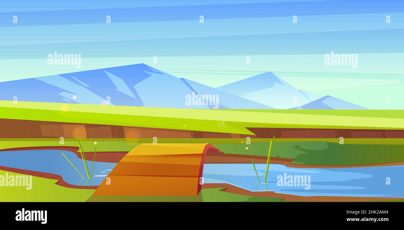 Cartoon nature landscape wooden bridge over the river or creek, green ...