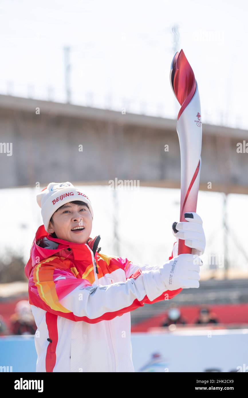 Beijing, China. 2nd Feb, 2022. Torch bearer Wang Meng attends the Beijing 2022 Olympic Torch ...