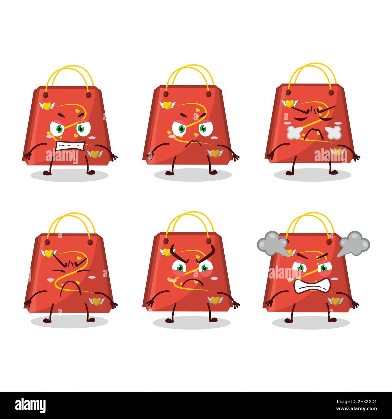Red love bag cartoon character with various angry expressions. Vector ...