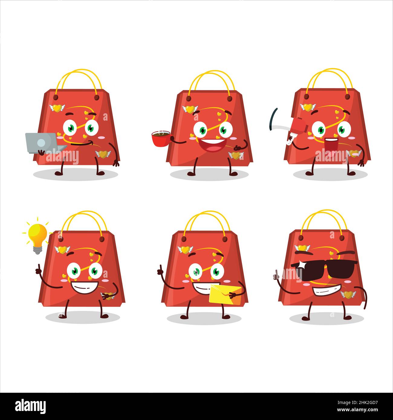 Red Love Bag Cartoon Character With Various Types Of Business Emoticons