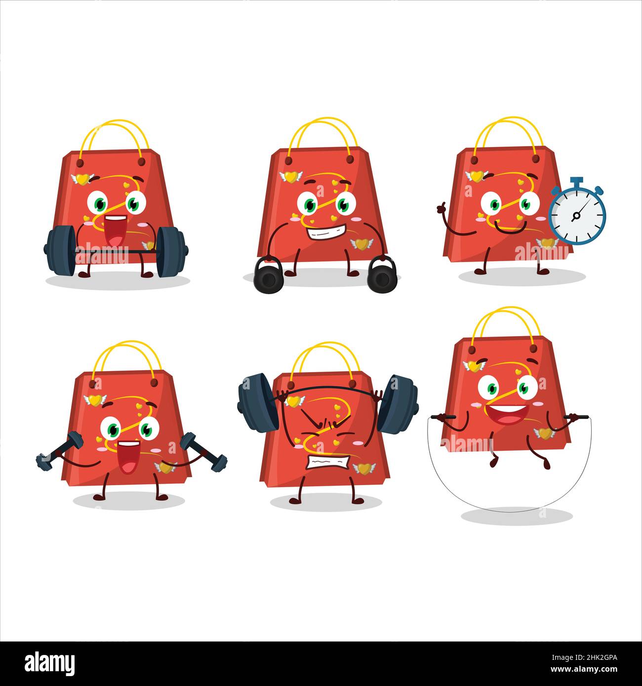 A healthy red love bag cartoon style trying some tools on Fitness ...